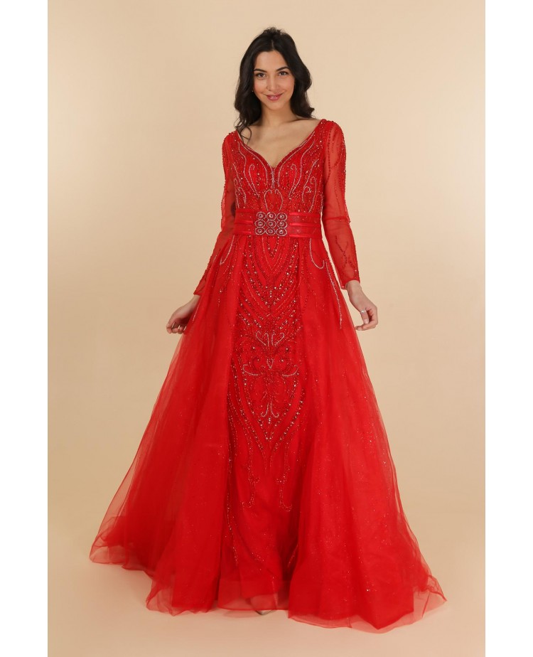 Robe Rouge de cocktail manches longues entièrement perlée avec une sur ...